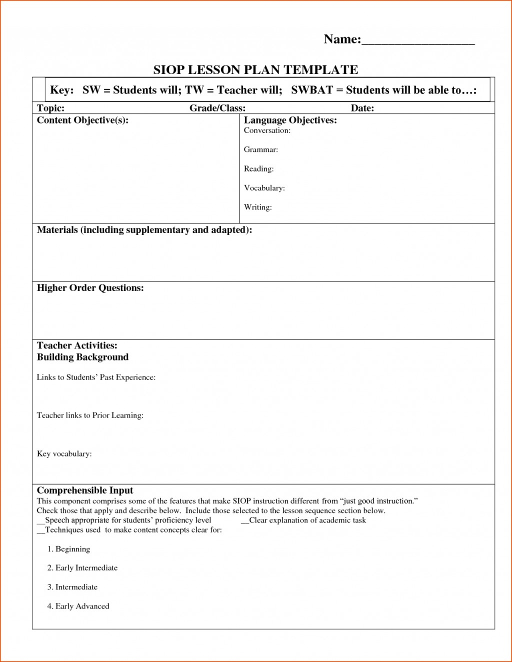Speech Language Lesson Plan Template