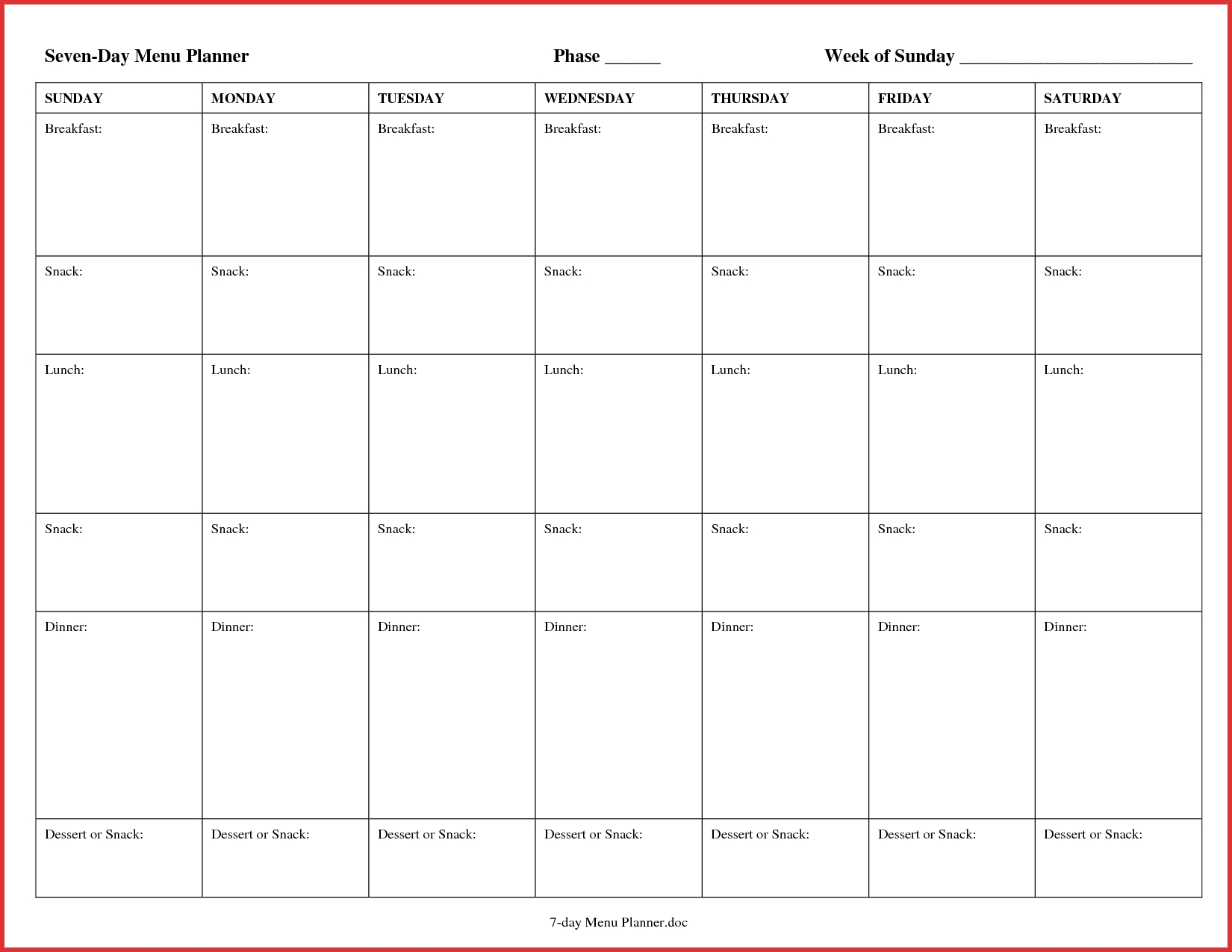 7 Day Menu Calendar Template Omaticapo