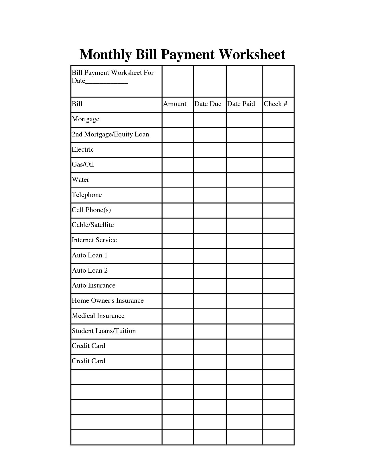 Monthly Bill Payment Blank Worksheet Monthly Bill Payment Blank Worksheet