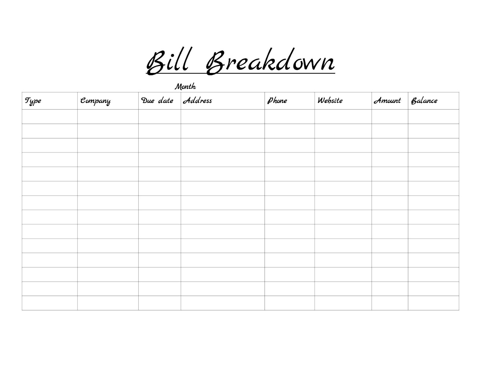 Bill Payment Calendar Template Printable
