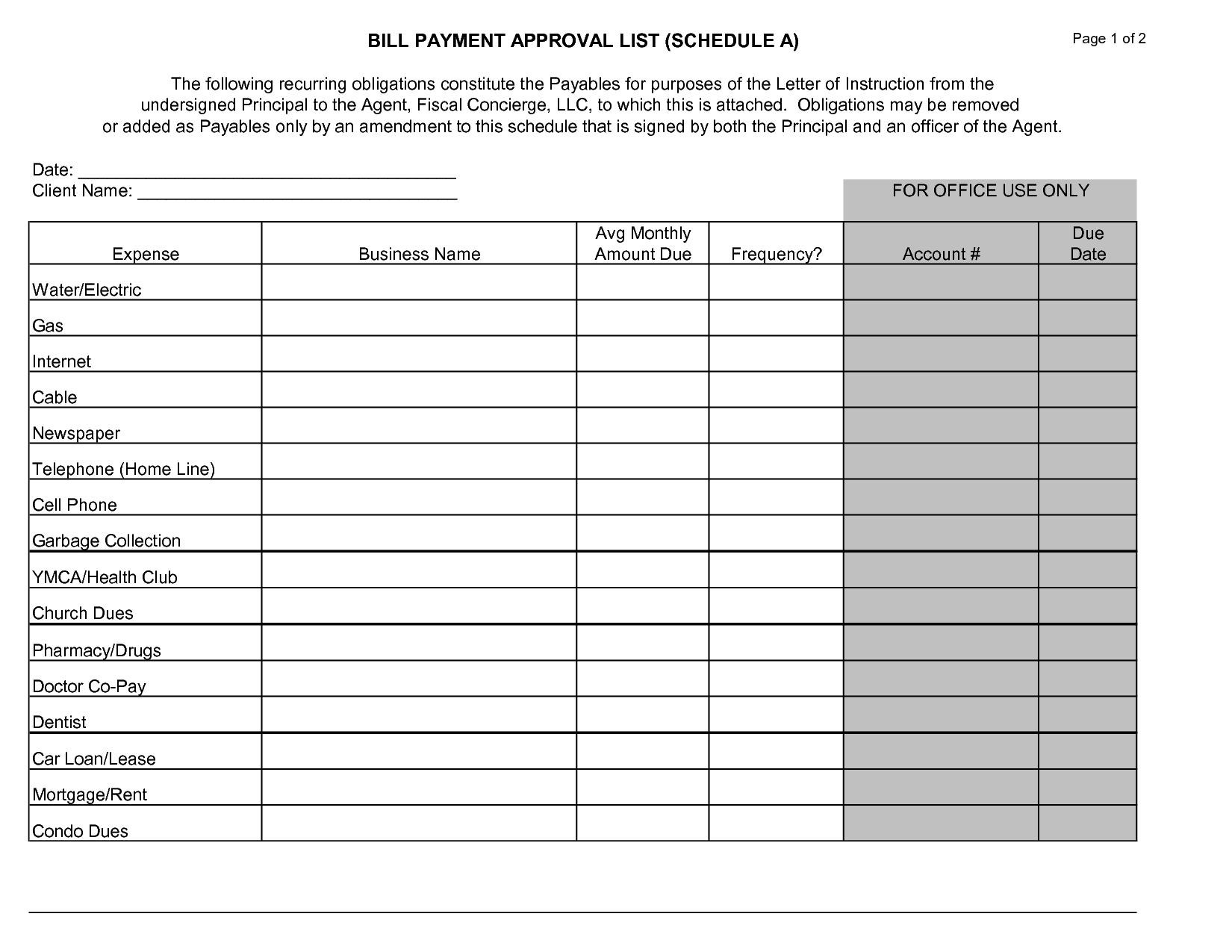 Free Blank Printable Bill Paying Chart Free Blank Printable Bill Paying Chart
