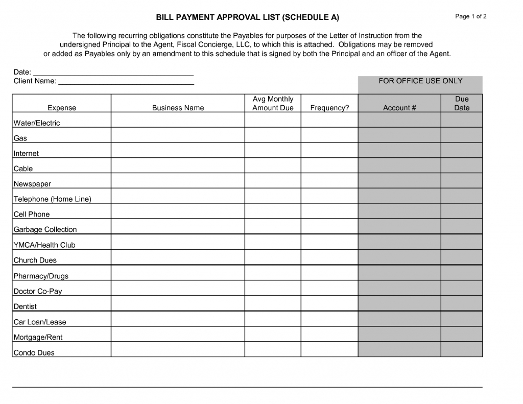 Printable Monthly Bill Payment Chart
