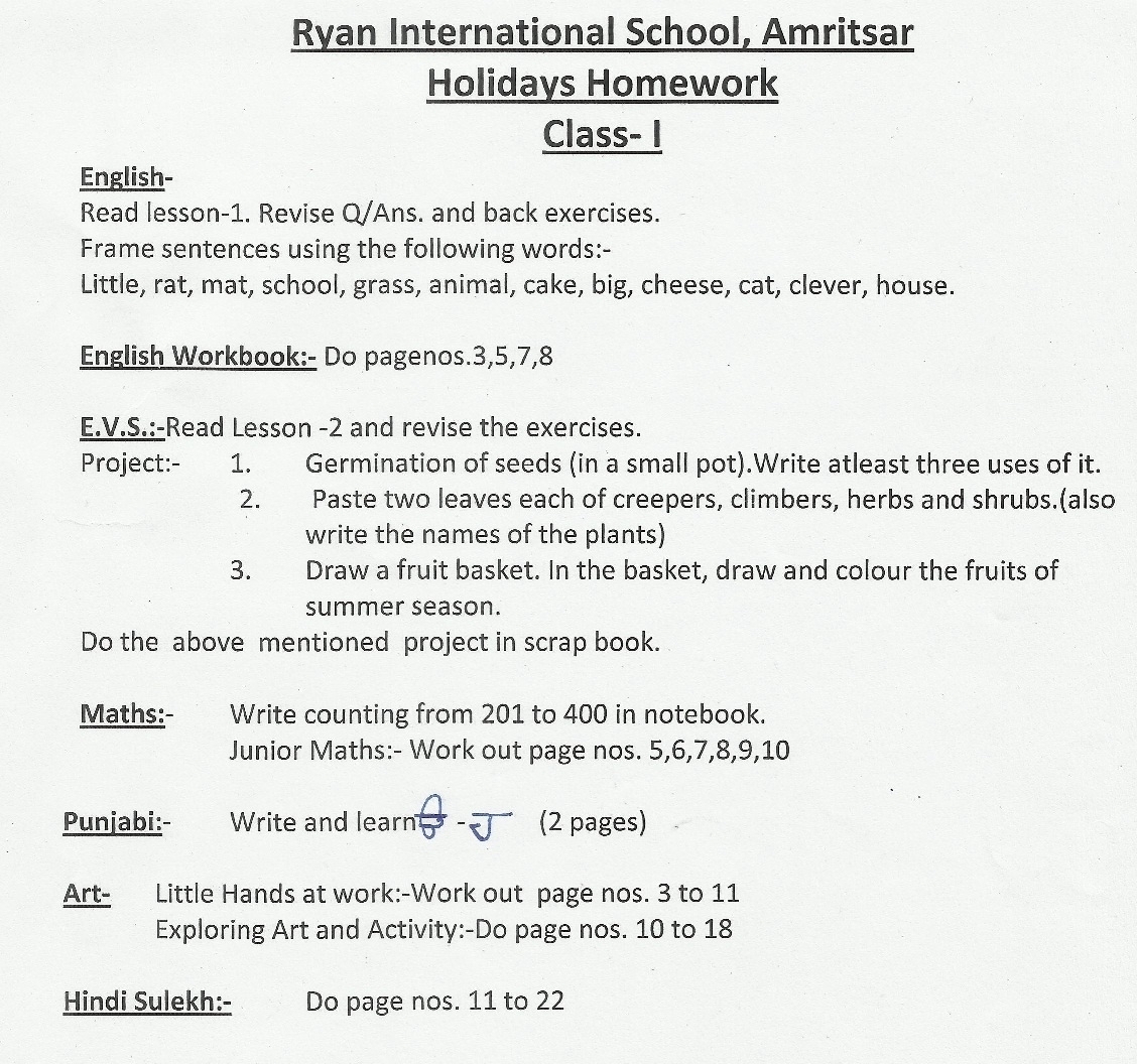 Holiday Hw For Grade 1