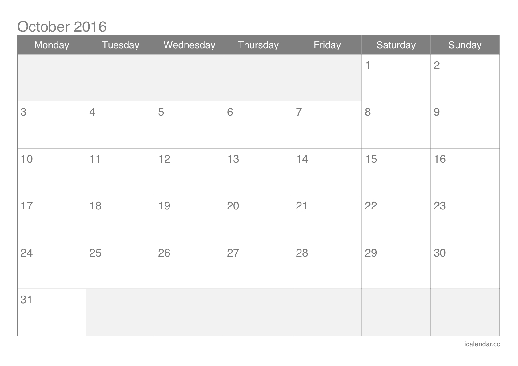 Monday Through Friday Monthly Calendar