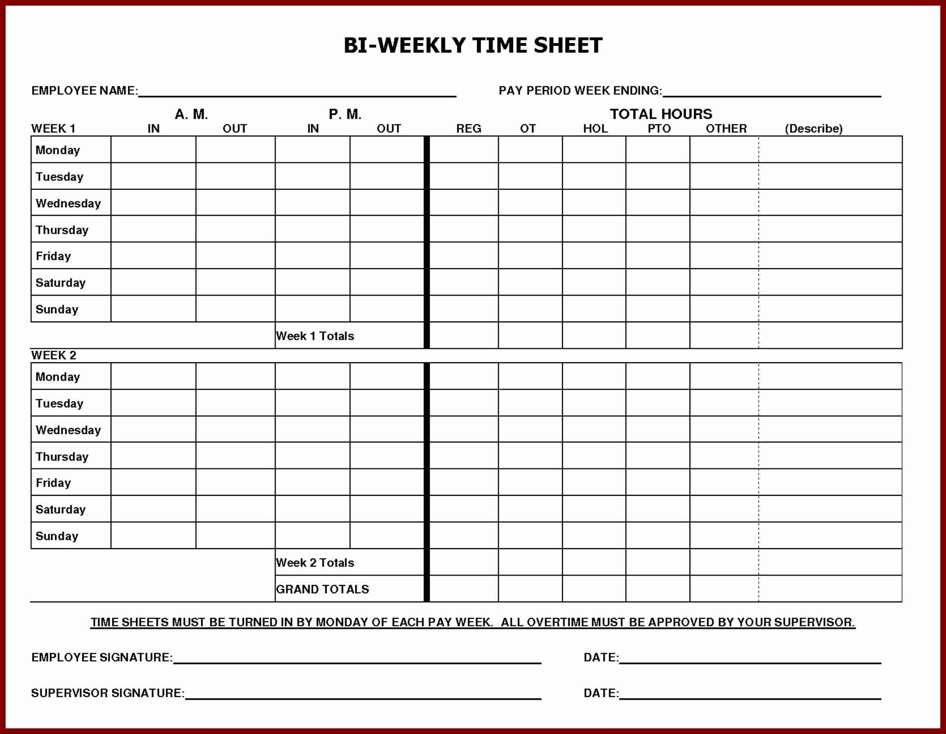 Printable Blank Bi Weekly Employee Schedule