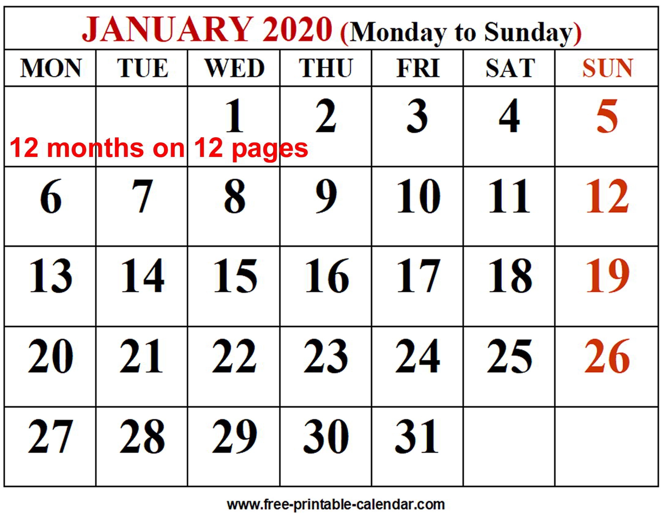 2020 Calendar Printable Monday Sunday